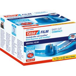 Film Tischabroller Compact - Klebebandspender mit Anti-Rutsch-Boden für sicheren Halt - Mit transparenter Kleberolle 10 m x 15 mm - Blau - blau - Tesa