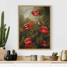 Bild mit Rahmen Lippen Dschungel - gerahmte Wandbilder Print Wald B&auml;ume Kunstdruck Natur Vintage Tiere Wohnzimmer Schlafzimmer Gr&uuml;n