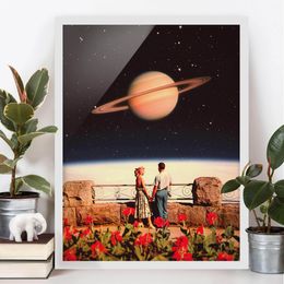 Bild mit Rahmen Retro Collage - Liebe im All - gerahmte Wandbilder Print Blumen Floral Fotomontage Kunstdruck Portrait Himmel Wohnzimmer Jugendzimmer