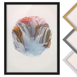 Bild mit Rahmen Wasserfarben - Br&uacute;arfoss Wasserfall in Island - gerahmte Wandbilder Print Aquarell Fotomontage Natur Wohnzimmer Schlafzimmer Bad