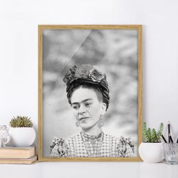 Bild mit Rahmen Frida Kahlo Portrait - gerahmte Wandbilder Print Portrait Wohnzimmer Schwarz/Wei&szlig;