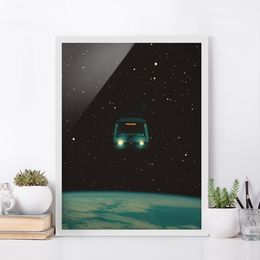 Bild mit Rahmen Retro Collage - Space Express - gerahmte Wandbilder Print Fotomontage Kunstdruck Himmel Wohnzimmer Jugendzimmer Jungen Jungenzimmer