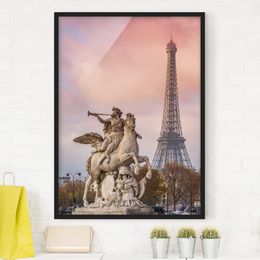 Bild mit Rahmen Reiterstatue vor Eiffelturm - gerahmte Wandbilder Print Skyline Stadt Wohnzimmer Rosa