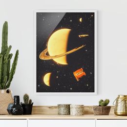 Bild mit Rahmen Retro Collage - Die Ringe des Saturn - gerahmte Wandbilder Print Fotomontage Kunstdruck Himmel Wohnzimmer Jugendzimmer Jungen