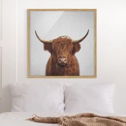 Bilderwelten Bild mit Rahmen Tiere schwarz weiss Motiv inkl. Rahmung - Hochlandrind Harry - Deko Kinderzimmer Baby M&auml;dchen Jungen