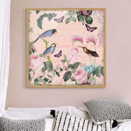 Bild mit Rahmen Vintage Collage - Rosen und V&ouml;gel - gerahmte Wandbilder Print Blumen Floral Botanik Tropical Illustration Vintage Tiere Wohnzimmer