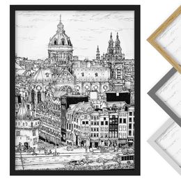 Bild mit Rahmen Stadtstudie - Altstadt - gerahmte Wandbilder Print Kunstdruck Schwarz-Wei&szlig; Skyline Stadt Illustration Wohnzimmer Schlafzimmer Bad