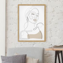 Bild mit Rahmen Line Art Portraits - Beige Lipstick - gerahmte Wandbilder Print Portrait Wohnzimmer Beige