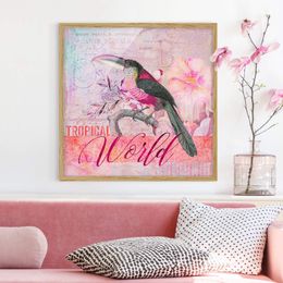 Bild mit Rahmen Vintage Collage - Tropical World Tukan - gerahmte Wandbilder Print Blumen Floral Botanik Tropical Illustration Vintage Tiere