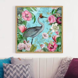 Bilderwelten Bild mit Rahmen Blumen bunt Tropisch inkl. Rahmung - Vintage Collage - Kranich mit Krone - V&ouml;gel Wohnzimmer Schlafzimmer