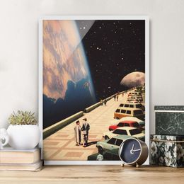 Bild mit Rahmen Retro Collage - Weltraum Promenade - gerahmte Wandbilder Print Fotomontage Kunstdruck Himmel Wohnzimmer Jugendzimmer Jungen