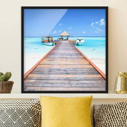 Bild mit Rahmen Steg am Meer - gerahmte Wandbilder Print 3D-Optik Natur Strand Wohnzimmer Bad Badezimmer Blau