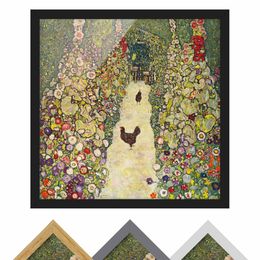 Bild mit Rahmen Gustav Klimt - Gartenweg mit H&uuml;hnern - gerahmte Wandbilder Print Kunstdruck Blumen Floral Wohnzimmer Schlafzimmer Bad Badezimmer