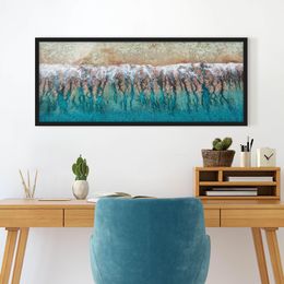 Bild mit Rahmen Welle am Strand - gerahmte Wandbilder Print Natur Strand Wohnzimmer Bad Badezimmer T&uuml;rkis