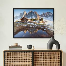 Bild mit Rahmen Bergh&uuml;tte - gerahmte Wandbilder Print Natur Wohnzimmer Blau