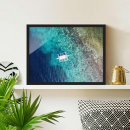 Bilderwelten Bild mit Rahmen Strand t&uuml;rkis Motiv inkl. Rahmung - Boot auf dem Meer Draufsicht - Boot Schiff & U-Boot Wohnzimmer Schlafzimmer