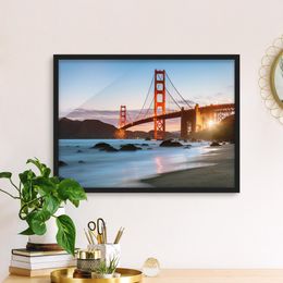 Bild mit Rahmen San Francisco bei D&auml;mmerung - gerahmte Wandbilder Print Natur Skyline Stadt Strand Wohnzimmer Rot