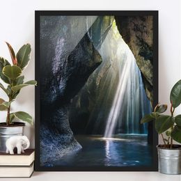 Bild mit Rahmen Licht in H&ouml;hle - gerahmte Wandbilder Print Steinoptik Wohnzimmer Bad Badezimmer Schwarz