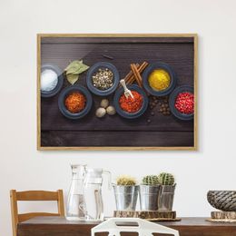 Bild mit Rahmen Schwarze Schalen mit Gew&uuml;rzen - gerahmte Wandbilder Print Kulinarisch K&uuml;che Esszimmer Braun