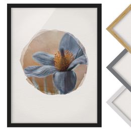 Bild mit Rahmen Wasserfarben - Kuhschelle in Blau - gerahmte Wandbilder Print Aquarell Blumen Floral Fotomontage Wohnzimmer Schlafzimmer Bad
