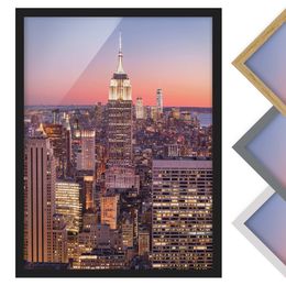 Bild mit Rahmen Sonnenuntergang Manhattan New York City - gerahmte Wandbilder Print Skyline Stadt Wohnzimmer Schlafzimmer Bad Badezimmer K&uuml;che Flur