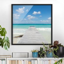 Bild mit Rahmen Steg ins Meer - gerahmte Wandbilder Print 3D-Optik Natur Strand Wohnzimmer Bad Badezimmer Blau