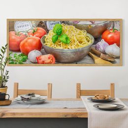 Bild mit Rahmen Spagetthischale mit Basilikum - gerahmte Wandbilder Print Kulinarisch Wohnzimmer Bunt