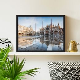 Bild mit Rahmen Markusplatz in Venedig - gerahmte Wandbilder Print Skyline Stadt Wohnzimmer Beige
