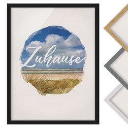 Bild mit Rahmen Wasserfarben - Zuhause - gerahmte Wandbilder Print Aquarell Fotomontage Natur Spr&uuml;che Strand Wohnzimmer Schlafzimmer Bad Badezimmer