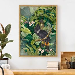 Bilderwelten Bild mit Rahmen Tiere gr&uuml;n Tropisch inkl. Rahmung - Bunte Collage - Kakadus im Dschungel - Pflanzen Wohnzimmer Schlafzimmer