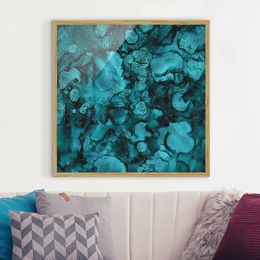 Bild mit Rahmen T&uuml;rkise Tropfen mit Glitzer - gerahmte Wandbilder Print Abstrakt Kunstdruck Wohnzimmer Schlafzimmer T&uuml;rkis