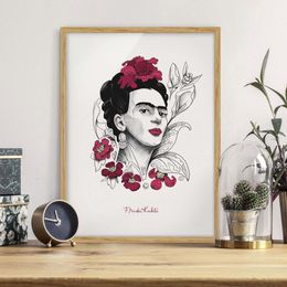 Bild mit Rahmen Frida Kahlo Portrait mit Bl&uuml;ten - gerahmte Wandbilder Print Illustration Portrait Wohnzimmer Pink