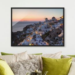 Bild mit Rahmen Santorini bei Nacht - gerahmte Wandbilder Print Skyline Stadt Wohnzimmer Bad Badezimmer Schlafzimmer Violett