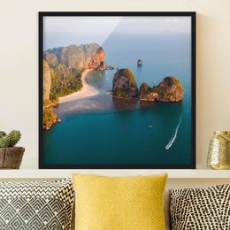 Bild mit Rahmen Sonnenaufgang an der K&uuml;ste - gerahmte Wandbilder Print Natur Strand Wohnzimmer Bad Badezimmer Blau