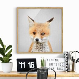 Bilderwelten Bild mit Rahmen Tiere schwarz weiss Motiv inkl. Rahmung - Baby Fuchs Fritz - Deko Kinderzimmer Baby M&auml;dchen Jungen