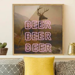 Bild mit Rahmen Beer Beer Deer - gerahmte Wandbilder Print Spr&uuml;che Tiere Schlafzimmer Wohnzimmer Braun