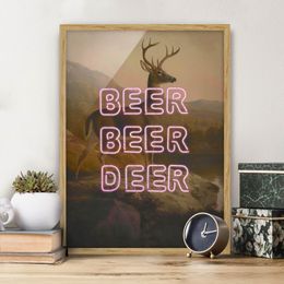 Bild mit Rahmen Beer Beer Deer - gerahmte Wandbilder Print Spr&uuml;che Tiere Schlafzimmer Wohnzimmer Braun