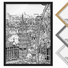 Bild mit Rahmen Stadtstudie - London Eye - gerahmte Wandbilder Print Kunstdruck Schwarz-Wei&szlig; Skyline Stadt Illustration Wohnzimmer Schlafzimmer Bad