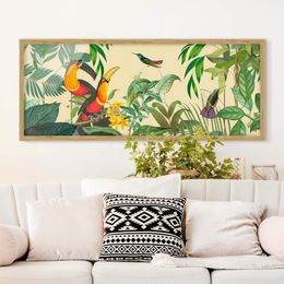 Bild mit Rahmen Vintage Collage - V&ouml;gel im Dschungel - gerahmte Wandbilder Print Botanik Tropical Illustration Tiere Wohnzimmer Bunt