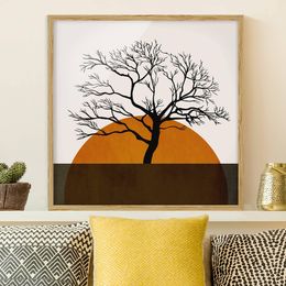 Bild mit Rahmen Sonne mit Baum - gerahmte Wandbilder Print Abstrakt Wald B&auml;ume Kunstdruck Natur Wohnzimmer Flur Orange