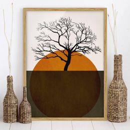 Bild mit Rahmen Sonne mit Baum - gerahmte Wandbilder Print Abstrakt Wald B&auml;ume Kunstdruck Natur Wohnzimmer Flur Orange