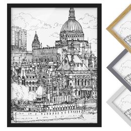 Bild mit Rahmen Stadtstudie - Dom - gerahmte Wandbilder Print Kunstdruck Schwarz-Wei&szlig; Skyline Stadt Illustration Wohnzimmer Schlafzimmer Bad