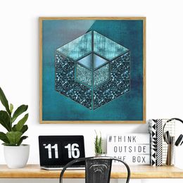 Bild mit Rahmen Blaues Hexagon mit Goldkontur - gerahmte Wandbilder Print Illustration Muster Wohnzimmer Petrol