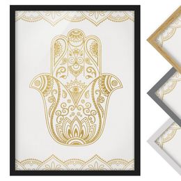 Bilderwelten Bild mit Rahmen Spirituell gold Orientalisch inkl. Rahmung - Hamsa Hand Illustration wei&szlig; gold - Ornamente Wohnzimmer Schlafzimmer