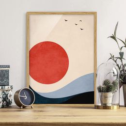 Bild mit Rahmen V&ouml;gel in rotem Sonnenuntergang - gerahmte Wandbilder Print Abstrakt Illustration Natur Strand Tiere Wohnzimmer Rot