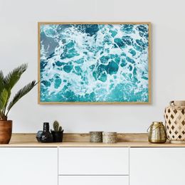 Bild mit Rahmen Gischt auf hoher See - gerahmte Wandbilder Print Natur Strand Wohnzimmer Flur Schlafzimmer Blau