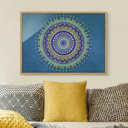 Bild mit Rahmen Mandala Blau Gold - gerahmte Wandbilder Print Illustration Muster Spirituell Bad Badezimmer Wohnzimmer Blau
