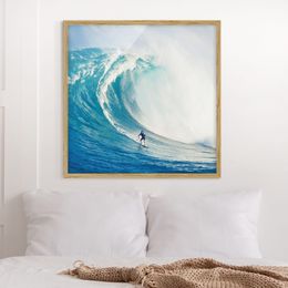 Bild mit Rahmen Wildes Wellenreiten - gerahmte Wandbilder Print Natur Sport Strand Wohnzimmer Flur Schlafzimmer Blau