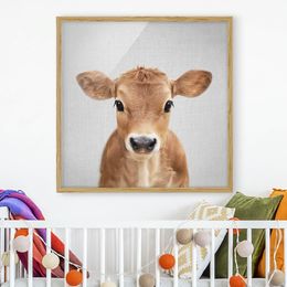 Bilderwelten Bild mit Rahmen Tiere schwarz weiss Motiv inkl. Rahmung - Baby Kuh Kira - Deko Kinderzimmer Baby M&auml;dchen Jungen