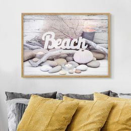Bild mit Rahmen Wellness Beach Dekoration - gerahmte Wandbilder Print Shabby Spirituell Bad Badezimmer Beige